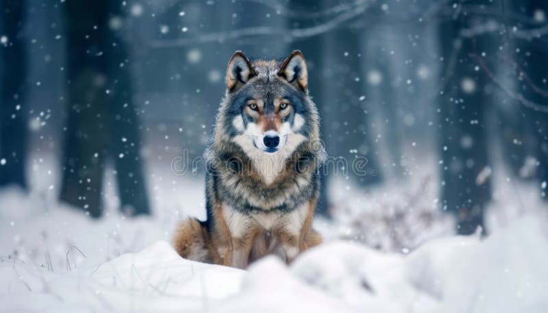 Cute Wolf Sitting in Snow, Looking at Camera, Surrounded by Nature ...