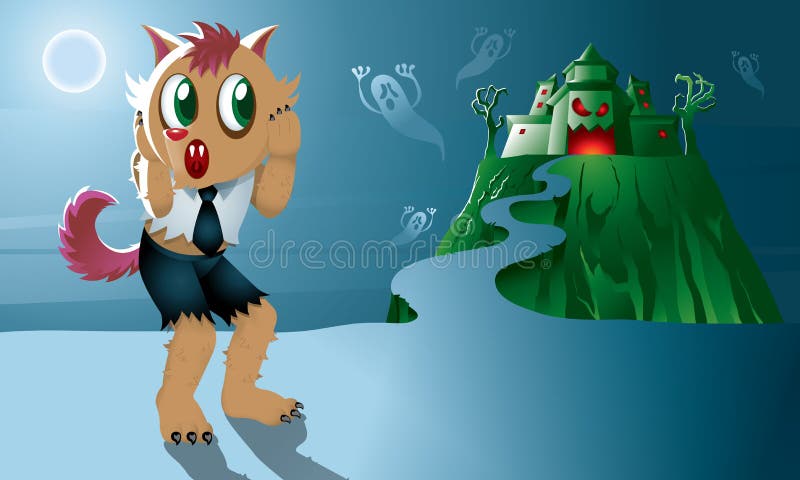 A Cute Wolfman with a Haunted Castle Stock Illustration - Illustration ...
