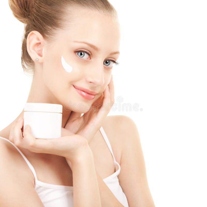 Cute Woman Applying Cream To Face Stock Photo - Image of body, bodycare ...