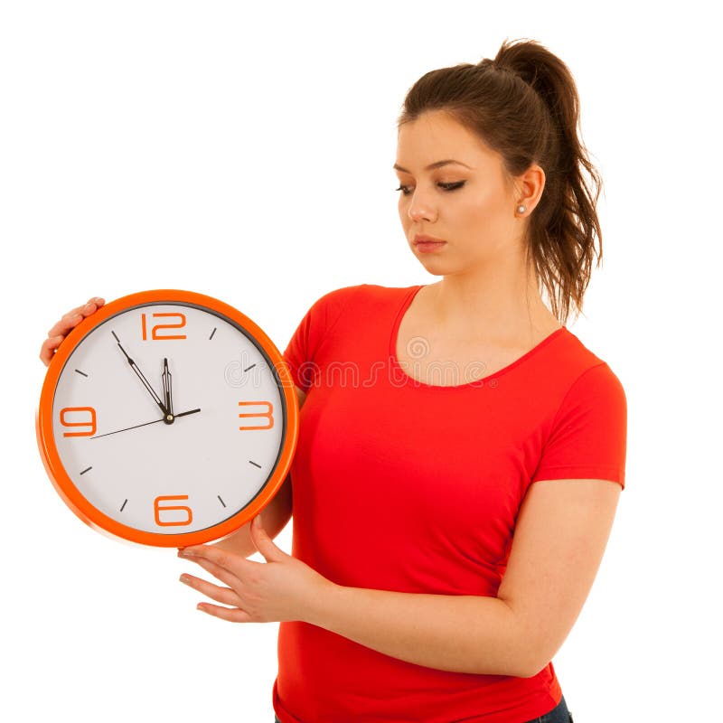 Cute Woman Holding Clock Simbol Time Management Stock Photos - Free ...