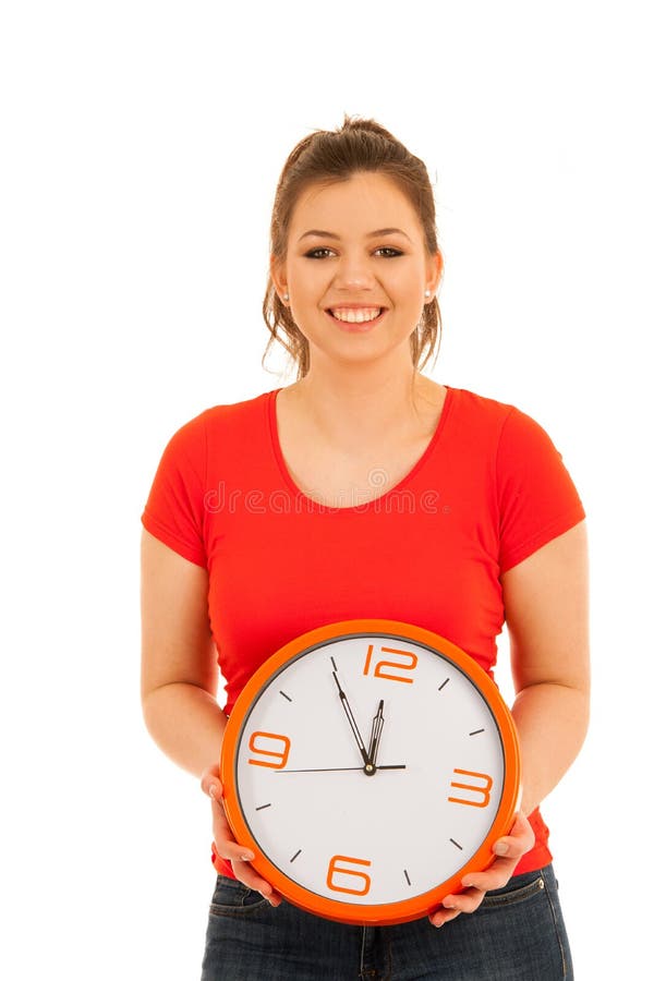 Cute Woman Holding a Clock As a Symbol of Time Management Stock Image ...
