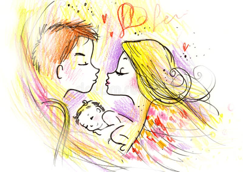 Cute Woman and Man with Their Baby Stock Illustration - Illustration of ...