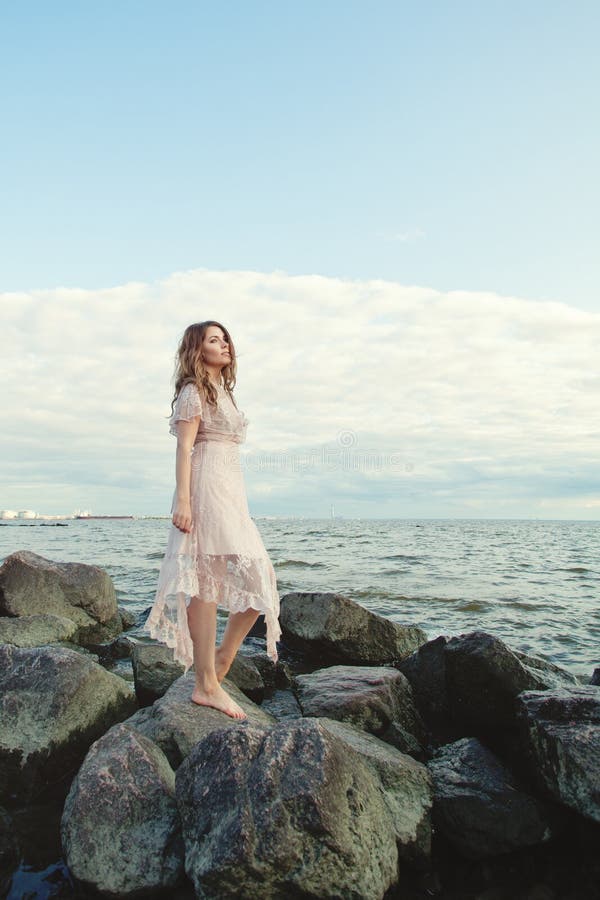 Cute Woman on Ocean Coast, Portrait Stock Photo - Image of model ...