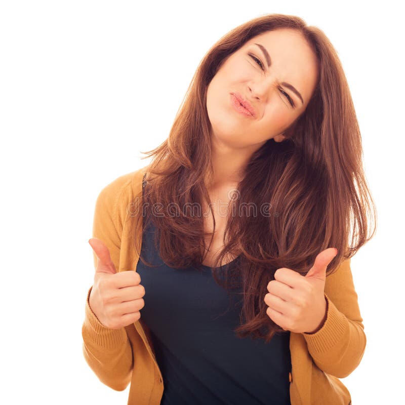 Cute Woman Shows Gesture OK Two Hands Stock Photo - Image of emotion ...