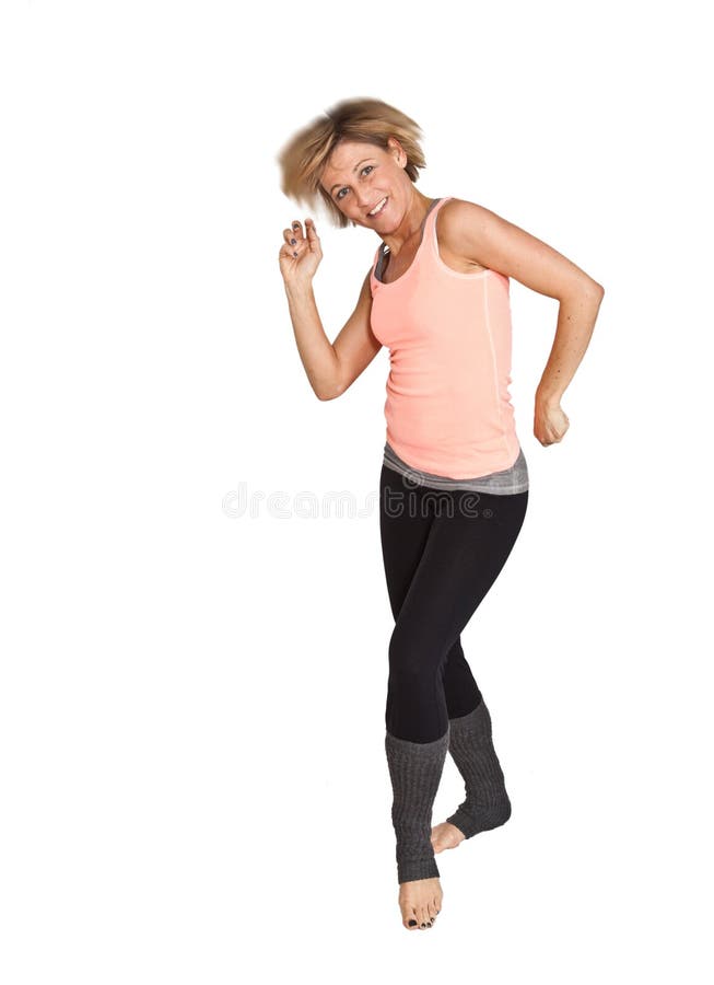 Cute Woman Standing and Dancing on Isolated White Background Stock ...