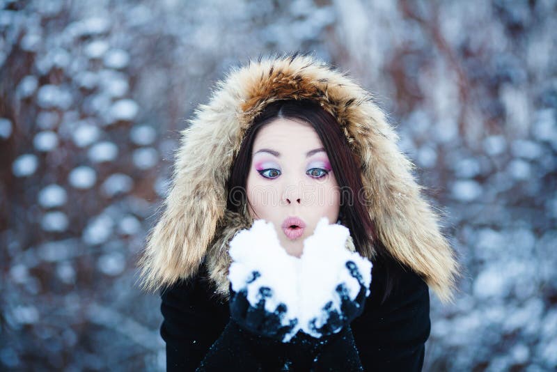 Winter Woman in Snow Outside on Snowing Cold Winter Day. Stock Photo ...