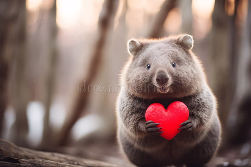 Cute Wombat Holding Large Red Heart Stock Illustration - Illustration ...
