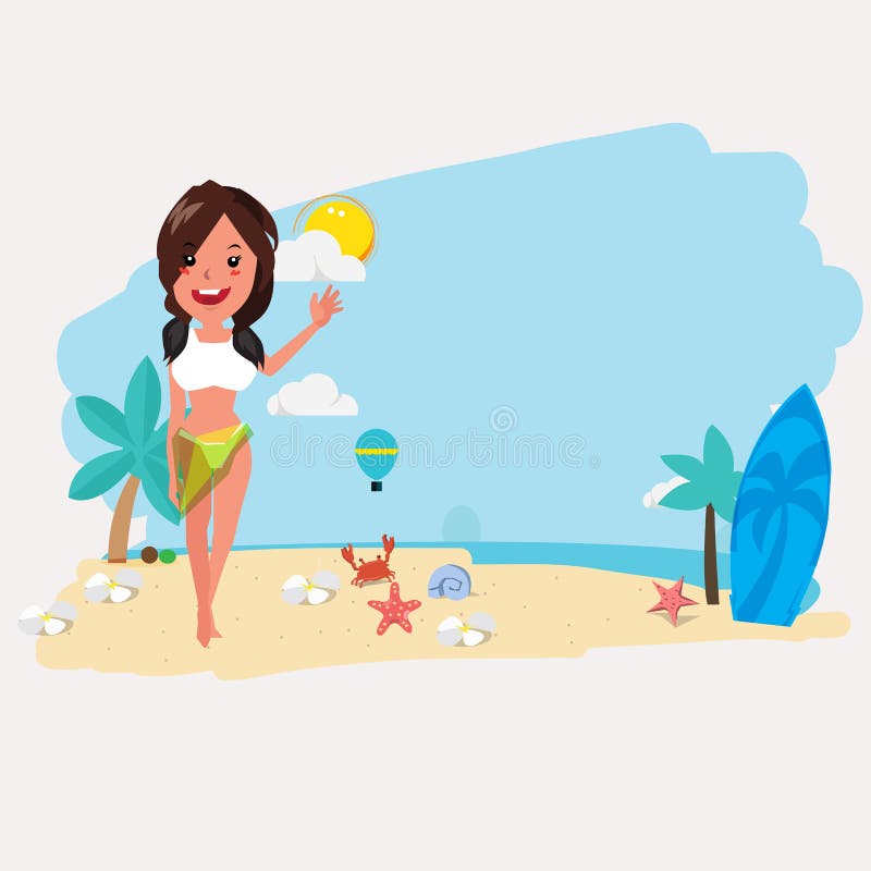 Cute Beach Girl with Tropical Sign Style on the Beach - Vector I Stock ...