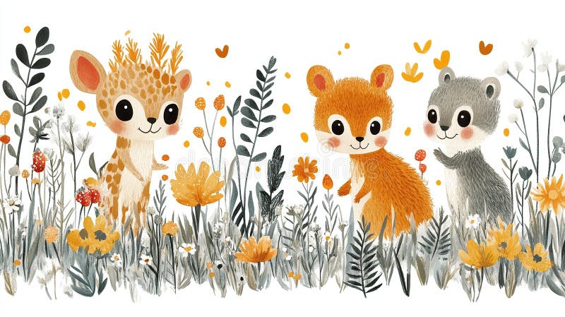 Cute Woodland Animals in a Flower Meadow Stock Illustration ...