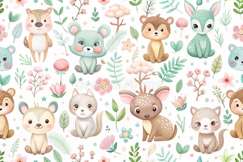 Cute Woodland Animals and Flowers Seamless Pattern Stock Illustration ...