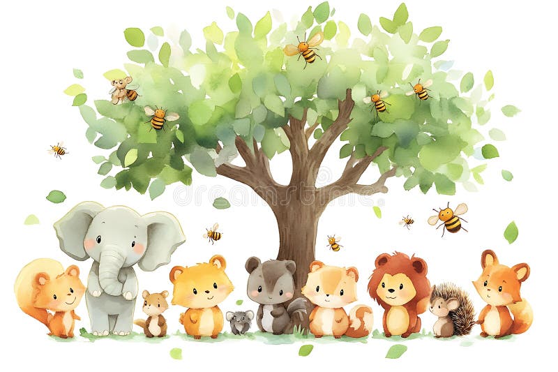 Cute Woodland Animals Gathered Under a Tree Stock Illustration ...
