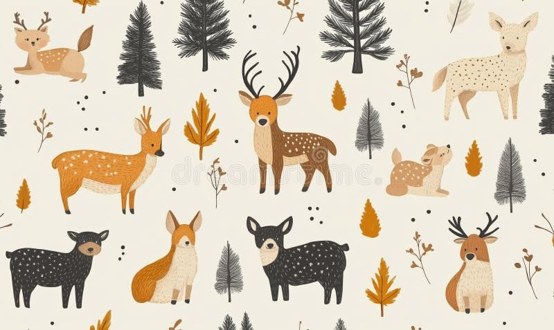 Cute Woodland Animals and Trees Pattern Featuring Deer, Foxes, and ...