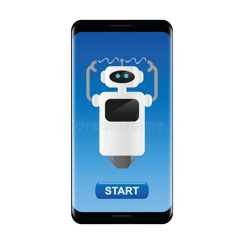 Cute Working Robot in a Smartphone with Start Button Stock Vector ...