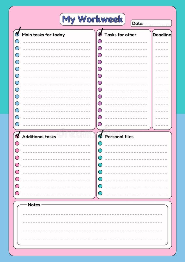 Cute Workweek Task Planner with Checklist and Notes Stock Illustration ...