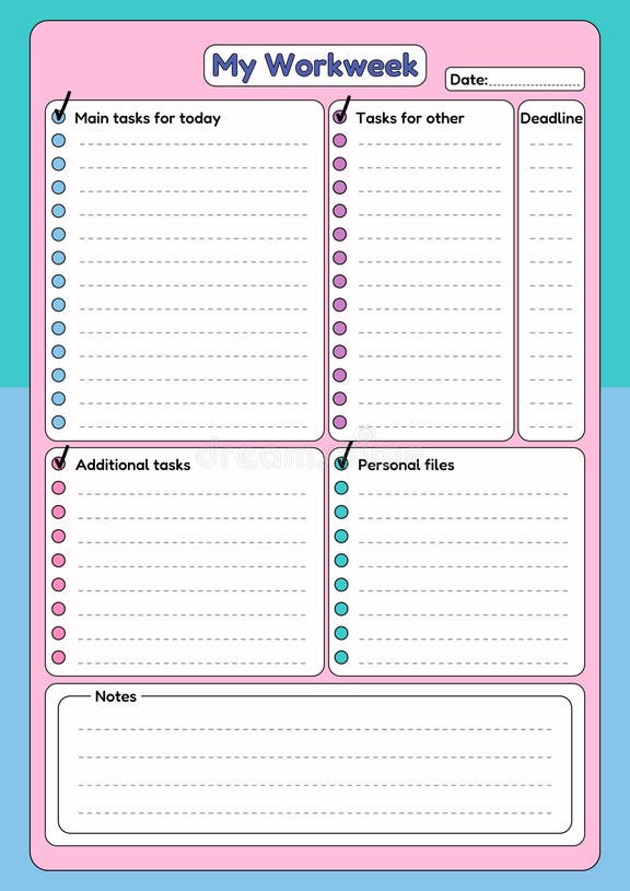 Cute Workweek Task Planner with Checklist and Notes Stock Illustration ...