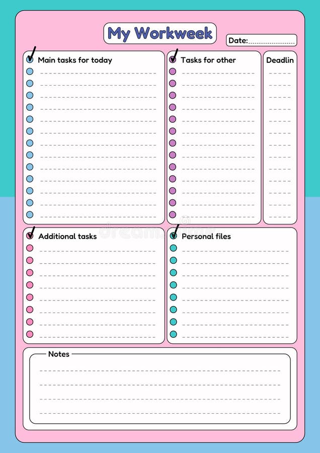 Cute Workweek Task Planner with Checklist and Notes Stock Illustration ...