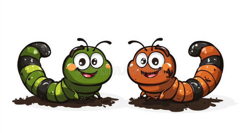 Cute Worm Cartoon Displaying Colorful and Outline Versions Side by Side ...