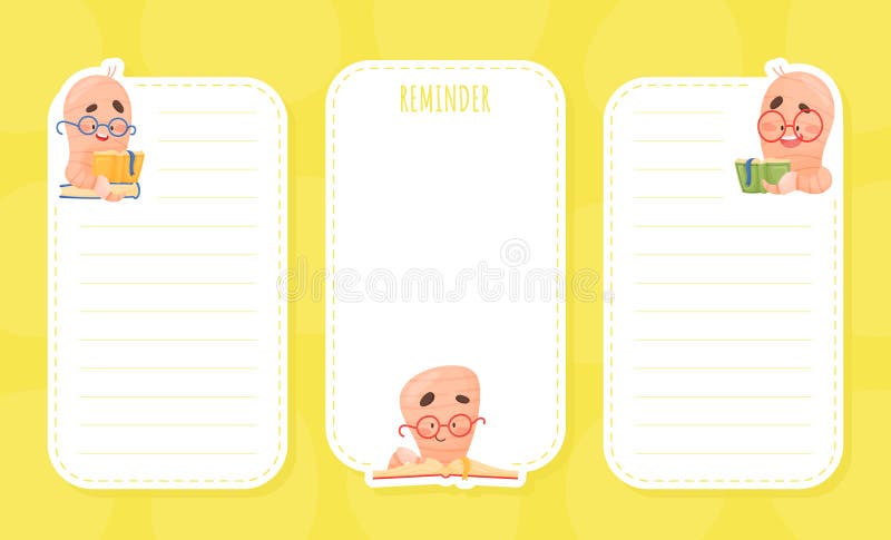 Cute Worm Character with Book in Glasses Note Card Vector Template ...