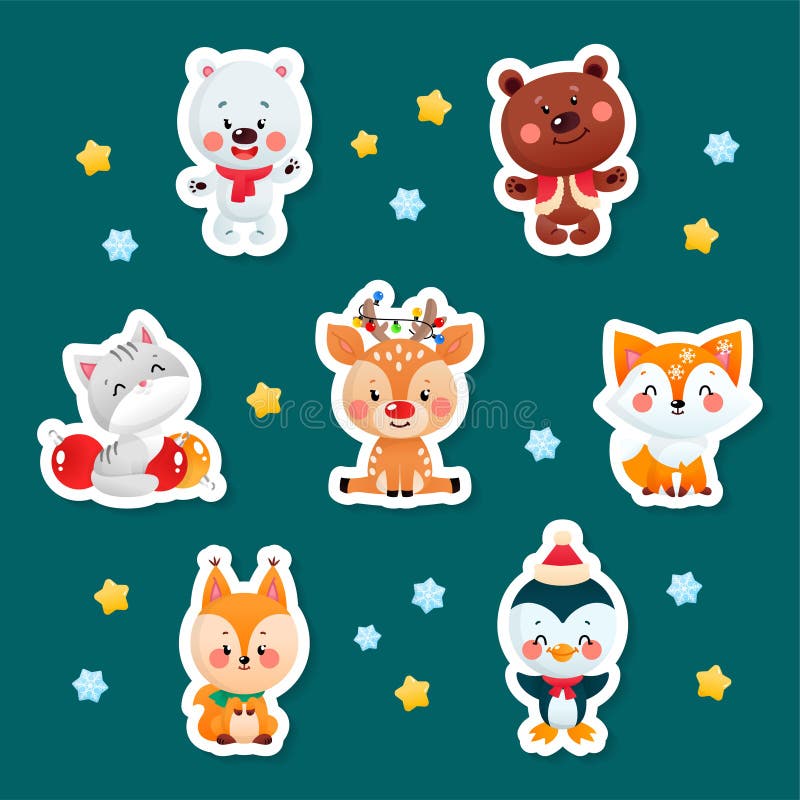 Set of Cute Cartoon Christmas Stickers Stock Vector - Illustration of ...