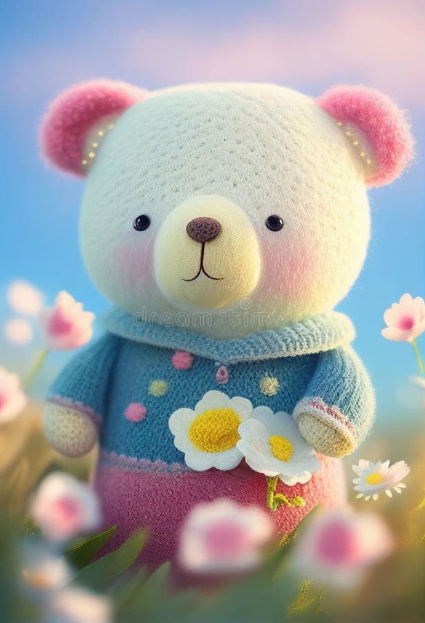 Cute Yarn Doll Teddy Bear in Field of Flower on Glowing Light Created ...