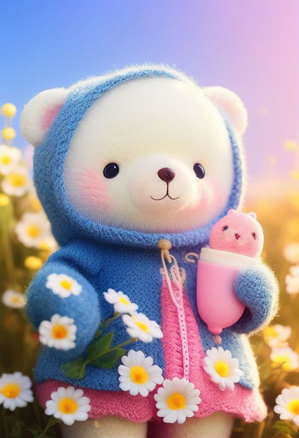 Cute Yarn Doll Teddy Bear in Field of Flower on Glowing Light Created ...