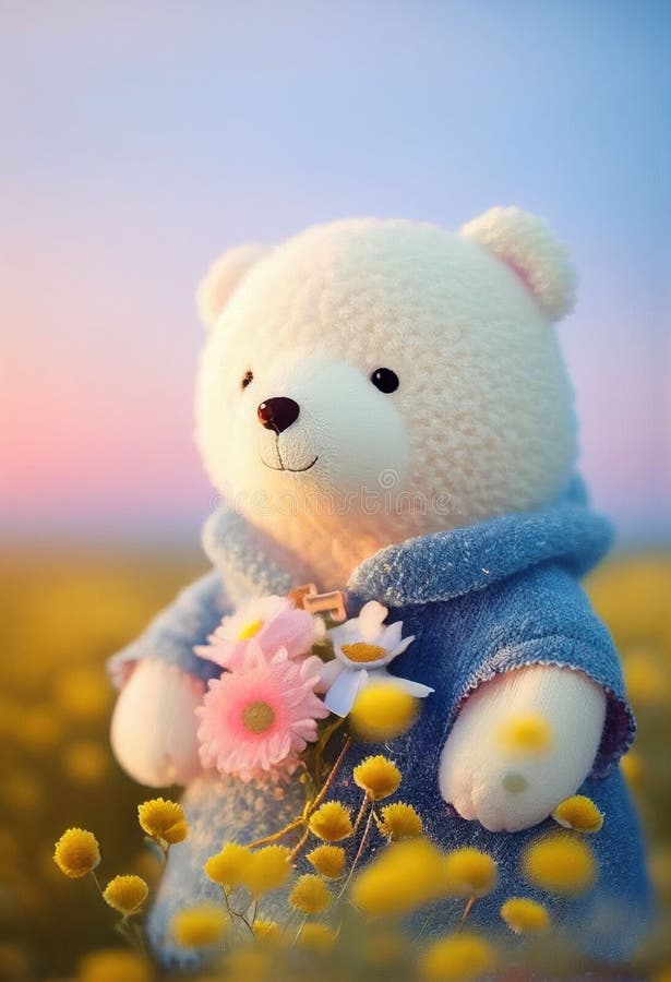 Cute Yarn Doll Teddy Bear in Field of Flower on Glowing Light Created ...