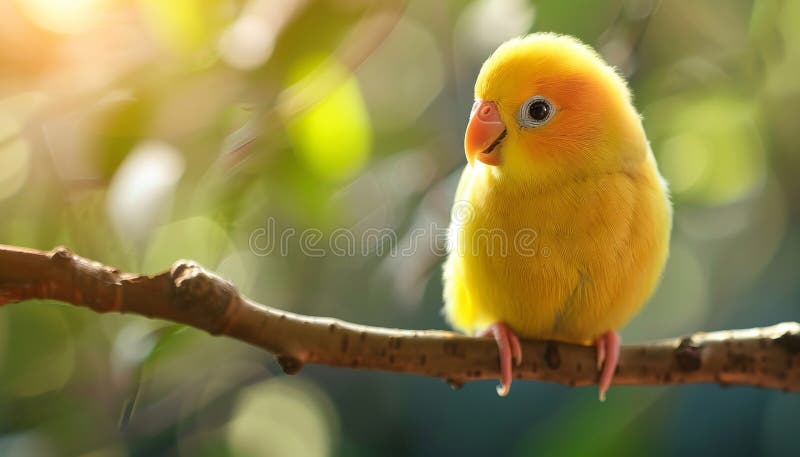 Cute Yellow Bird with Beak Perching on Branch, Looking at Camera, Stock ...