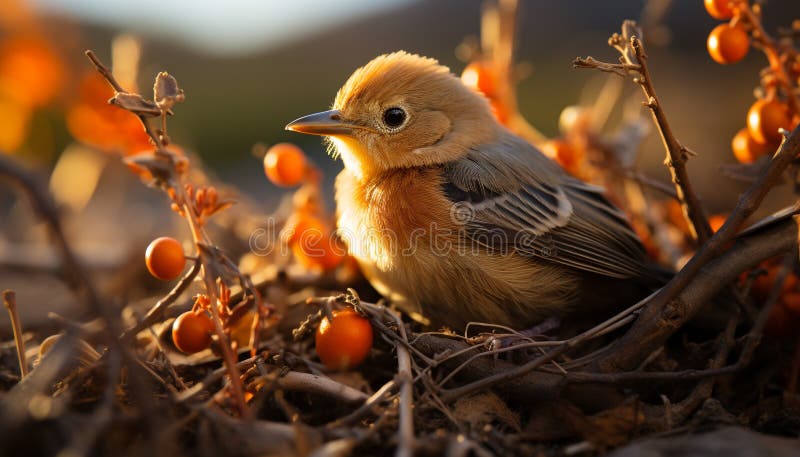 Cute Yellow Bird Perching on Branch, Eating Twig Generated by AI Stock ...