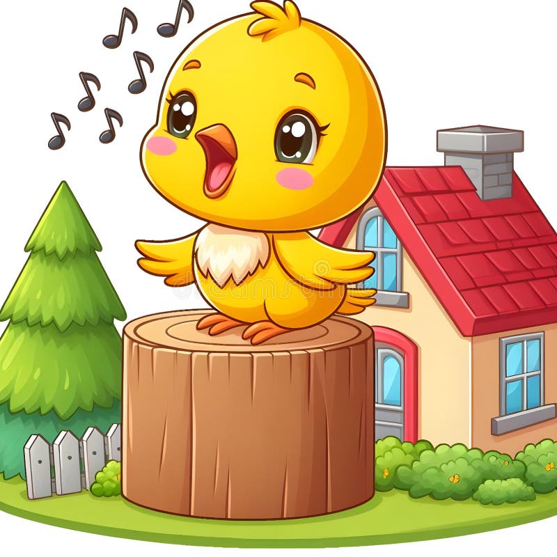 Cute Yellow Bird Singing on a Small Building Stock Illustration ...