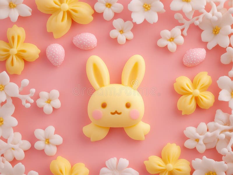 Cute Yellow Bunny Surrounded by White Flowers and Pink Eggs Stock ...