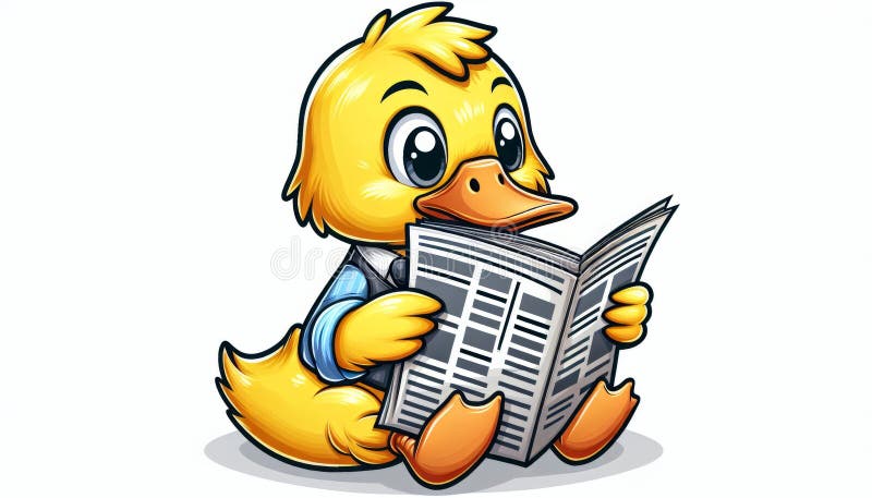 Cute Yellow Cartoon Duck Reading a Newspaper Stock Illustration ...