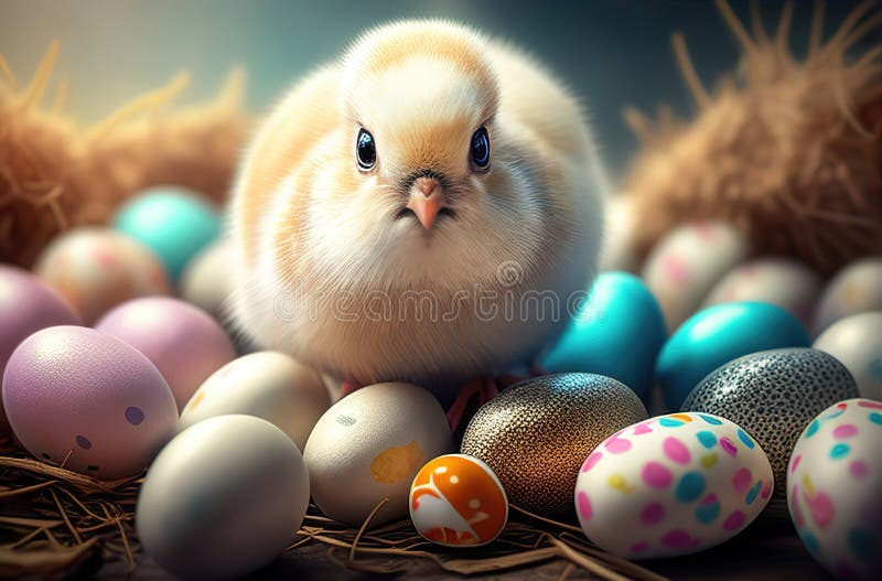 Cute Yellow Chick among Easter Colorful Chicken Eggs. AI Generated ...