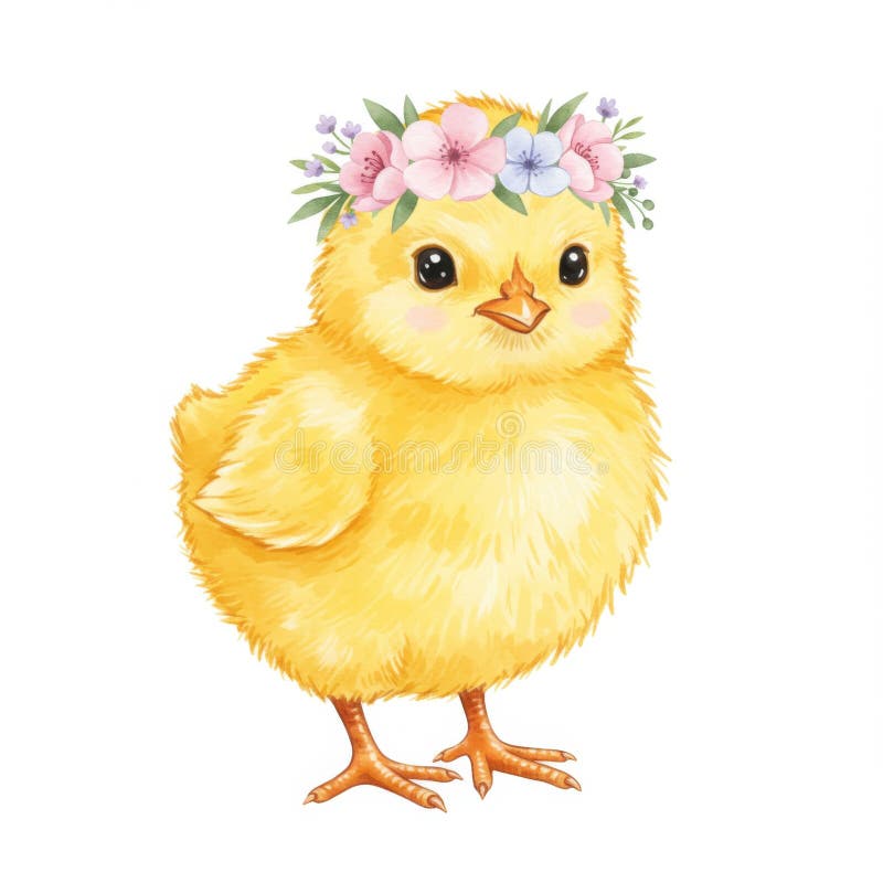 Cute Yellow Chick with Floral Crown Stock Illustration - Illustration ...