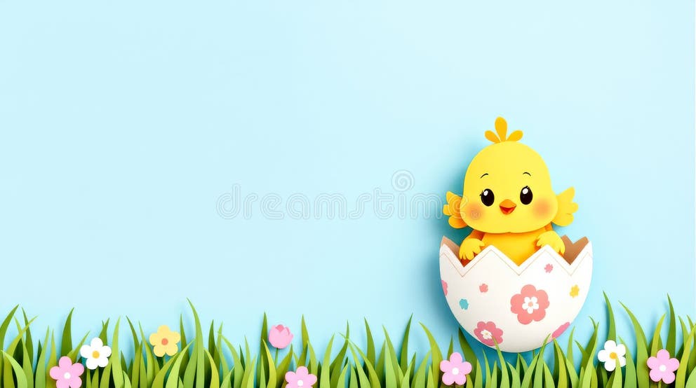 Cute Yellow Chick Hatching from Egg with Floral Design in Spring Grass ...
