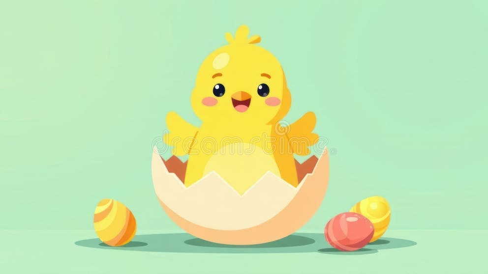 Cute Yellow Chick Hatching from Egg, Sitting in Cracked Eggshell with ...