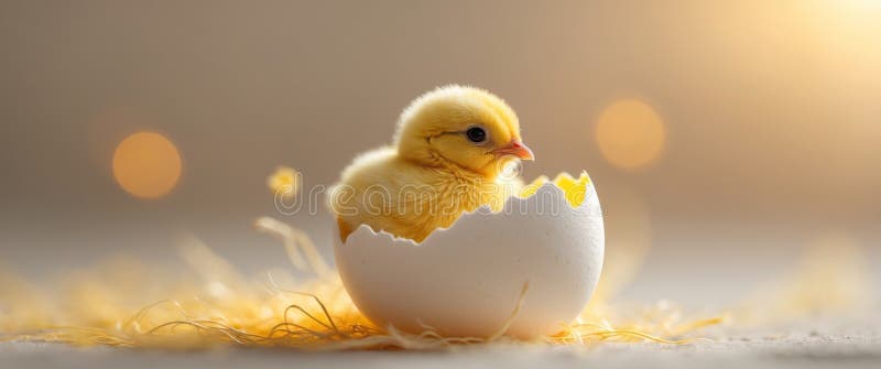 Cute Yellow Chick Hatching from Egg with Warm Glowing Lights in ...