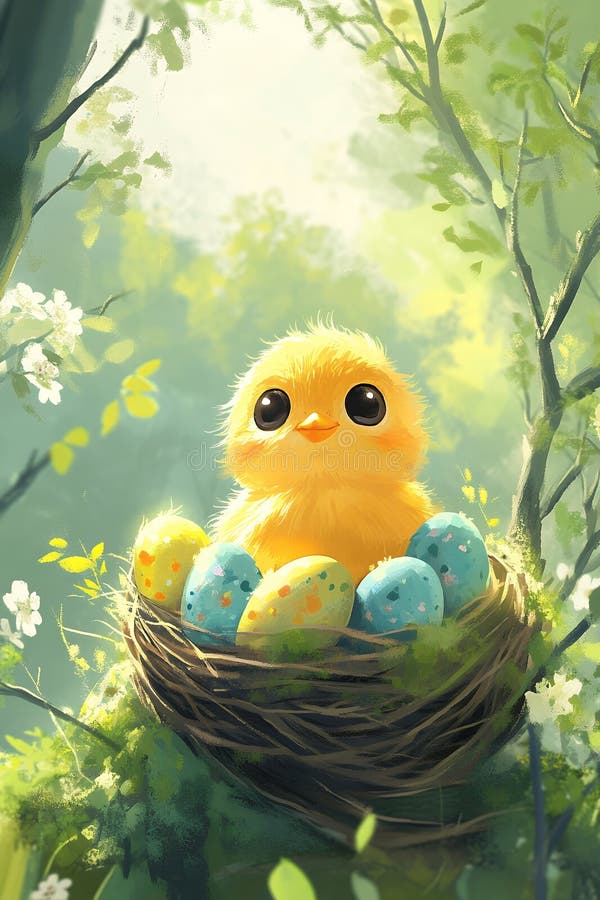 Cute Yellow Chick in Nest with Colorful Speckled Eggs in Lush Spring ...