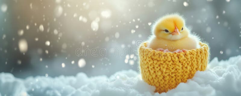 Cute Yellow Chick Sitting in Knitted Basket on Snowy Background with ...