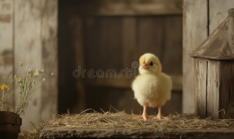 Cute Yellow Chick Standing on Straw in Rustic Barn Setting, Surrounded ...
