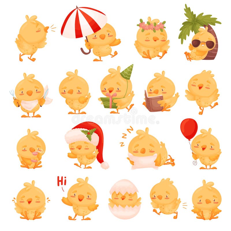 Cute Yellow Chicken Character Engaged in Different Activity Big Vector ...