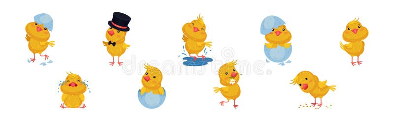 Cute Yellow Chicken Engaged in Different Activity Vector Set Stock ...