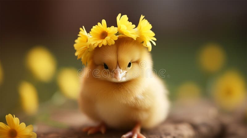 Cute Yellow Chicken in a Wreath of Flowers. Stock Photo - Image of ...