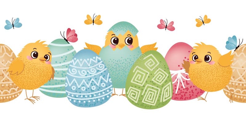 Cute Yellow Chicks and Colorful Easter Eggs with Butterflies Flying ...