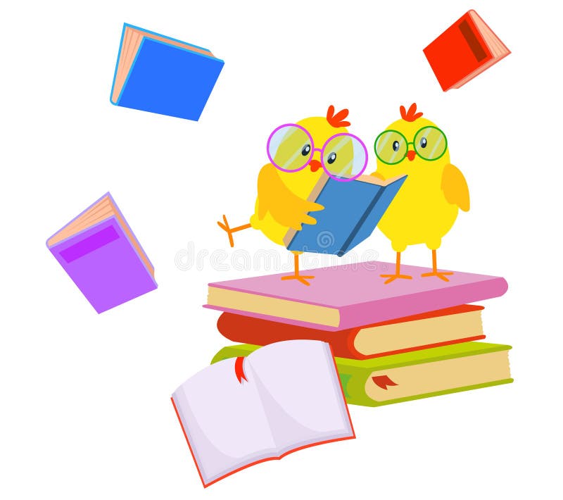 Cute Yellow Chicks Reading a Book Stock Illustration - Illustration of ...