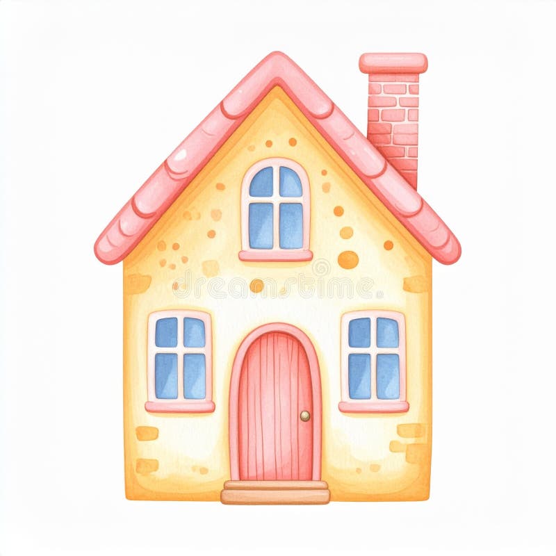 Cute Yellow Cottage Watercolor Illustration Stock Illustration ...