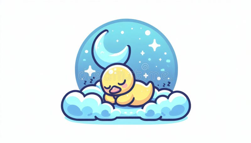 Cute Yellow Duck Sleeping on Clouds Under a Crescent Moon and Stars ...