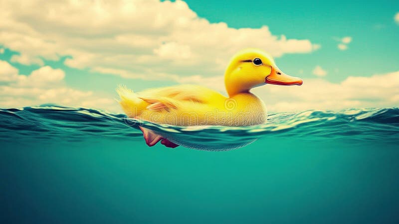 Cute Yellow Duckling Floating on Calm Water Stock Illustration ...
