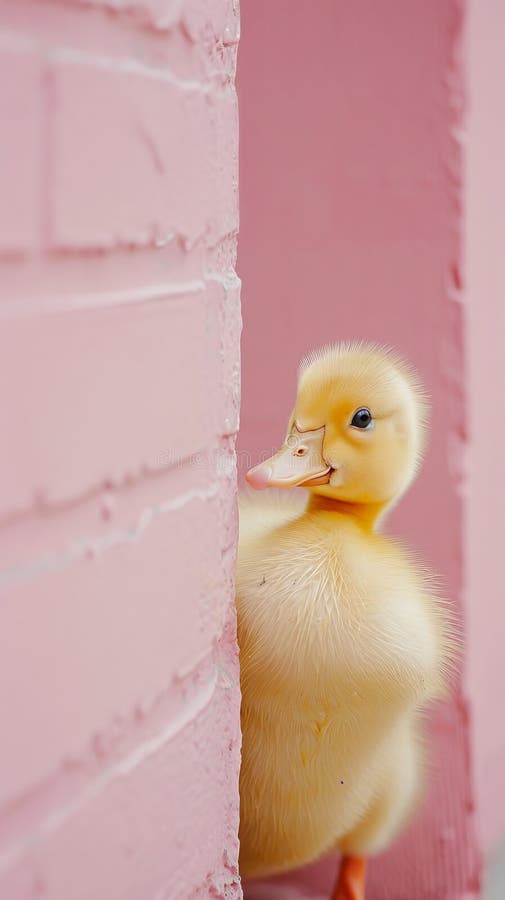 Cute Yellow Duckling Peeking from Behind Pink Wall Stock Photo - Image ...