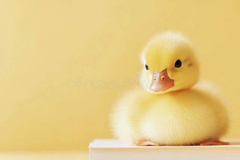 Cute Yellow Duckling Sitting in Soft Light on a Yellow Background Stock ...