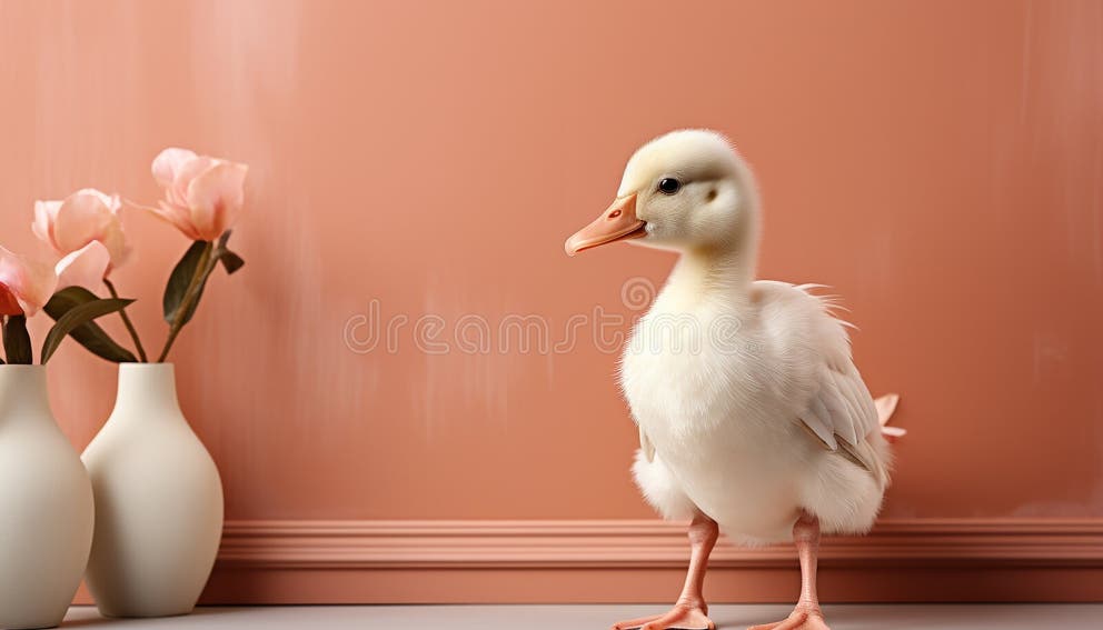 Cute Yellow Duckling Standing on Grass, Looking at Camera Generated by ...